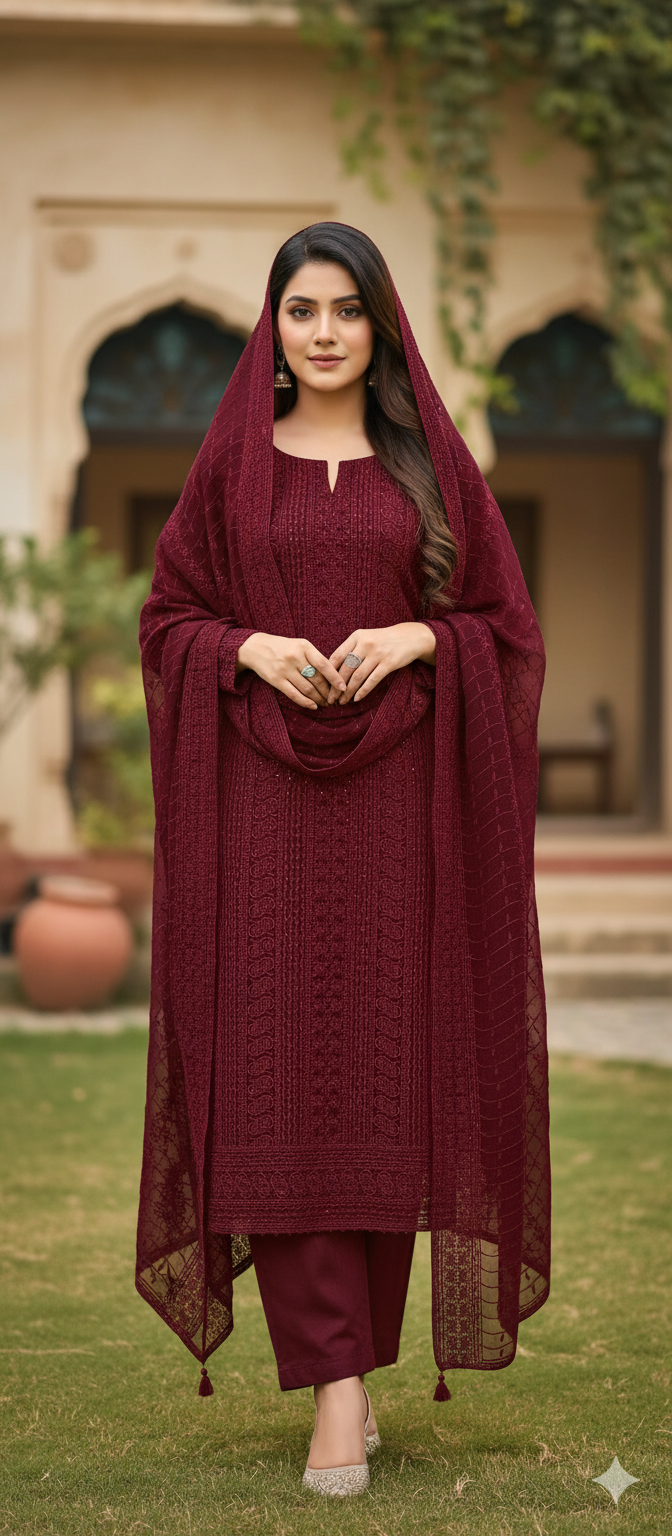 jorjet sequence with embroidery three-piece - RR Fashion World